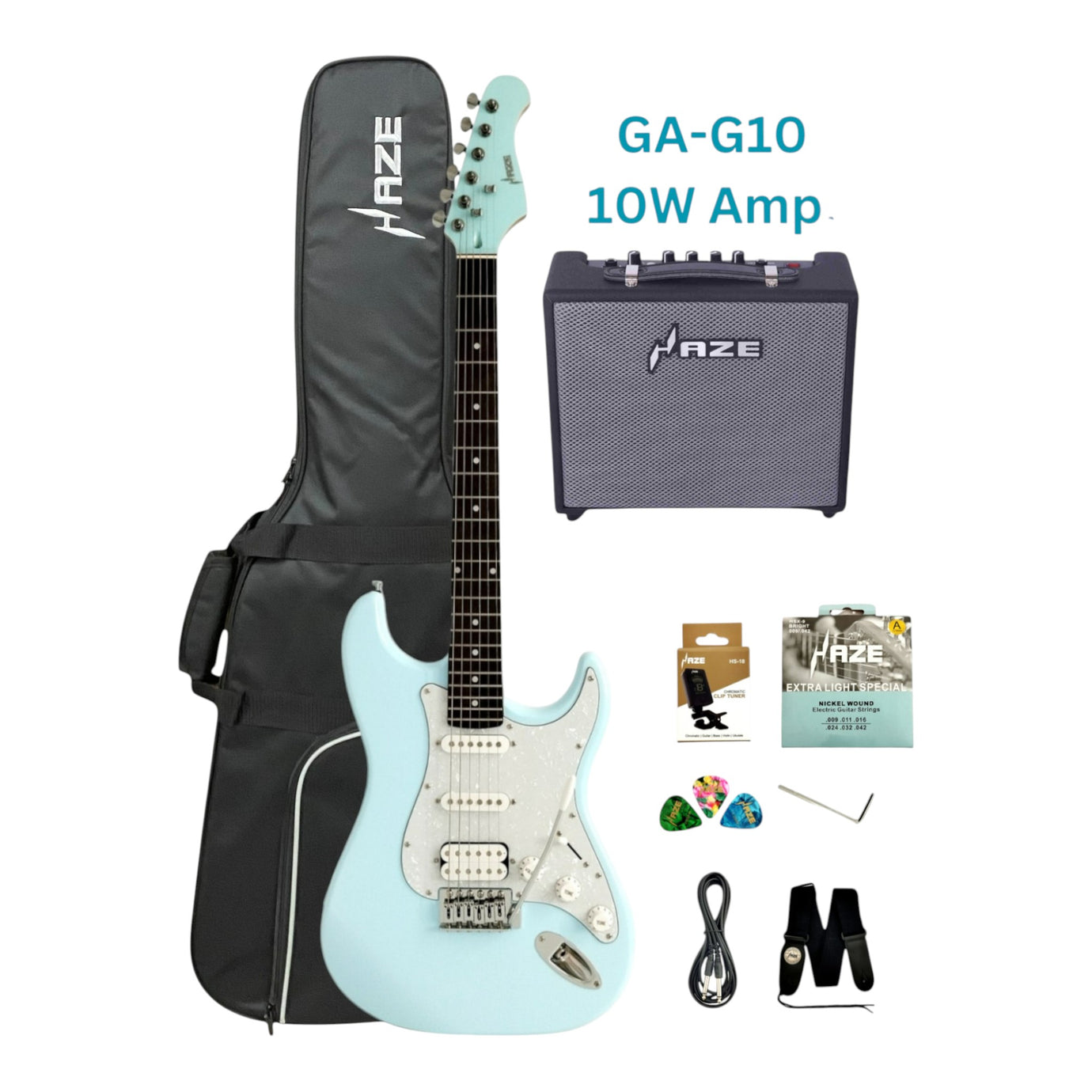 Haze E211 Sonic Blue HST Electric Guitar with Accessories + 10W Amp (O ...